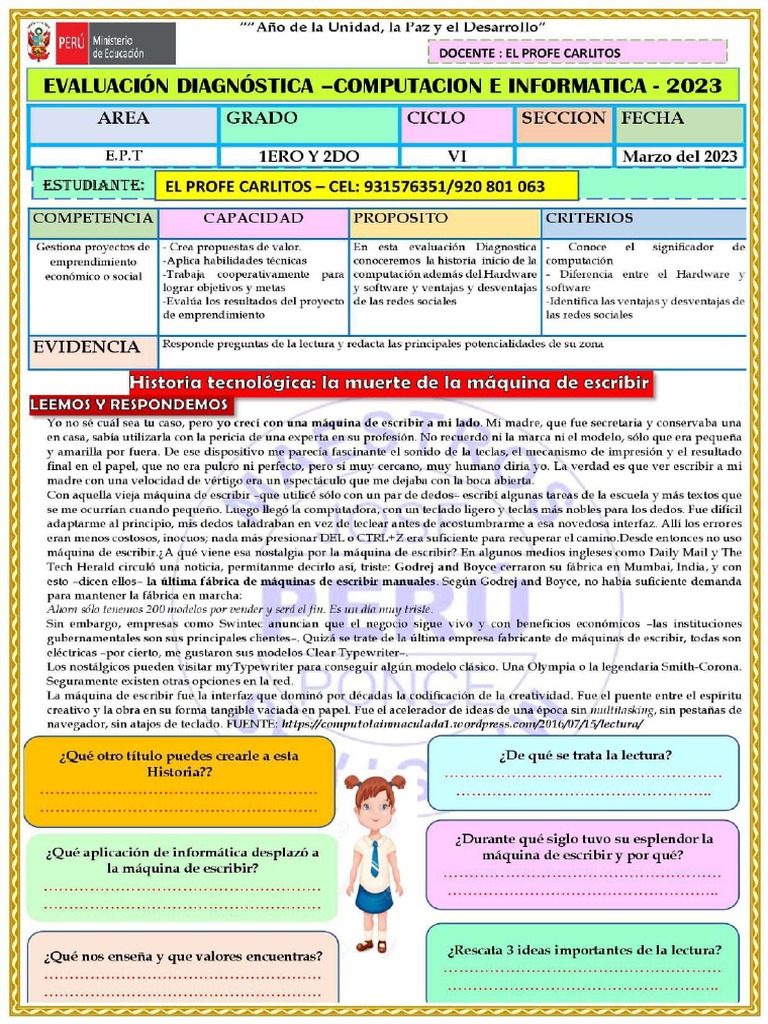 Evaluacion Diagnostica - 1ero y 2do Grado-Ept - Computacion - 00001 | PDF
