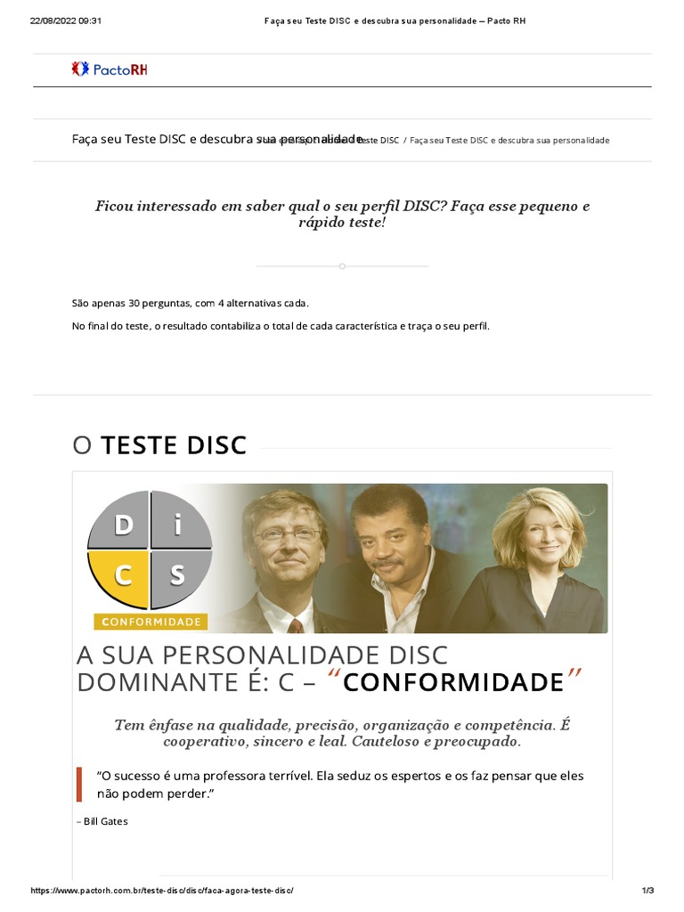 Teste DISC e Descubra Sua Personalidade - Pacto RH | PDF | Bem-estar