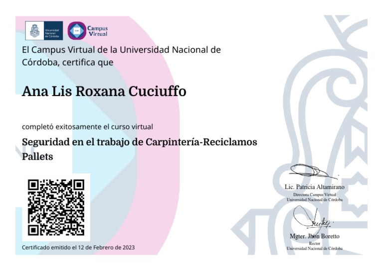 Constancia de Honor - Ana Lis Roxana Cuciuffo - Seguridad en El Trabajo de Carpintería ...