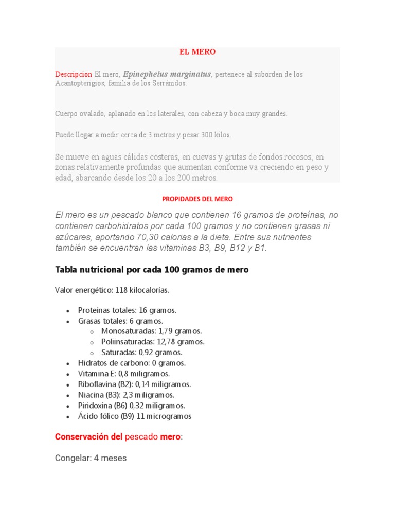 Propiedades y nutrición del mero | PDF | Nutrición | Dieta y nutrición
