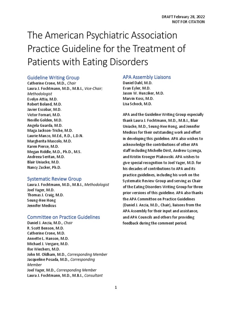 APA Draft Practice Guidelines Eating Disorders | PDF | Mental Disorder ...