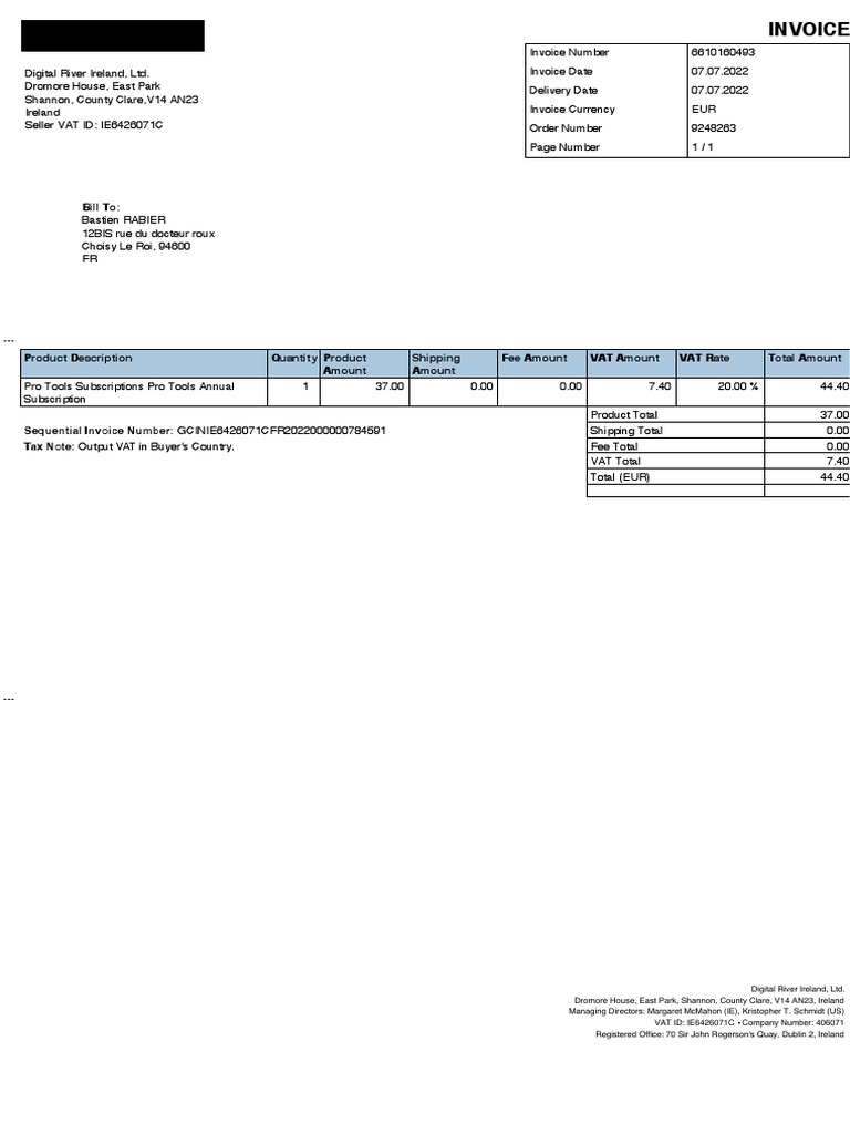 Pro Tools Annual Subscription Invoice for Bastien Rabier | PDF | Invoice | Value Added Tax