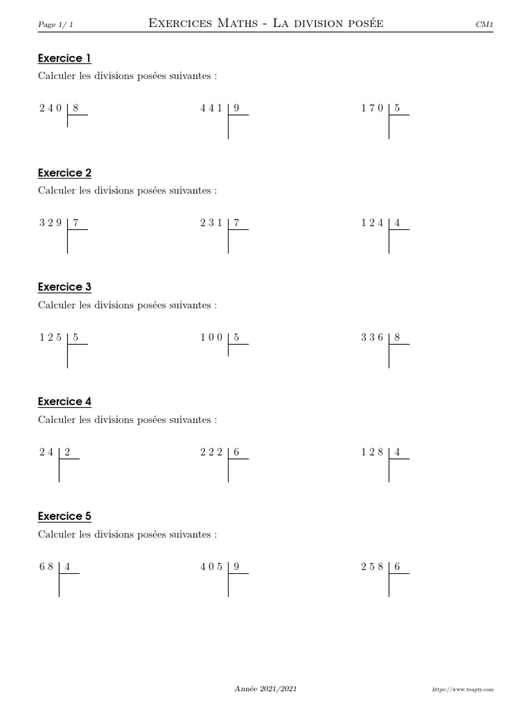 Division Posee cm1 1 Chiffre Sans Reste 2 | PDF