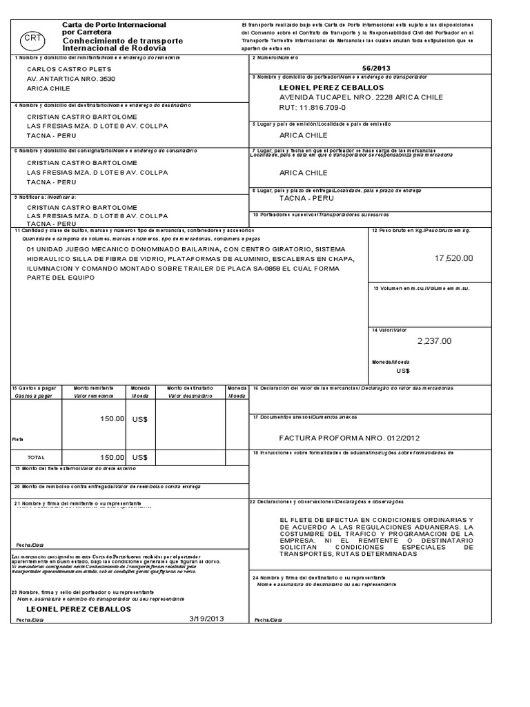 Conhecimiento de Transporte Internacional de Rodovia: Avenida Tucapel ...