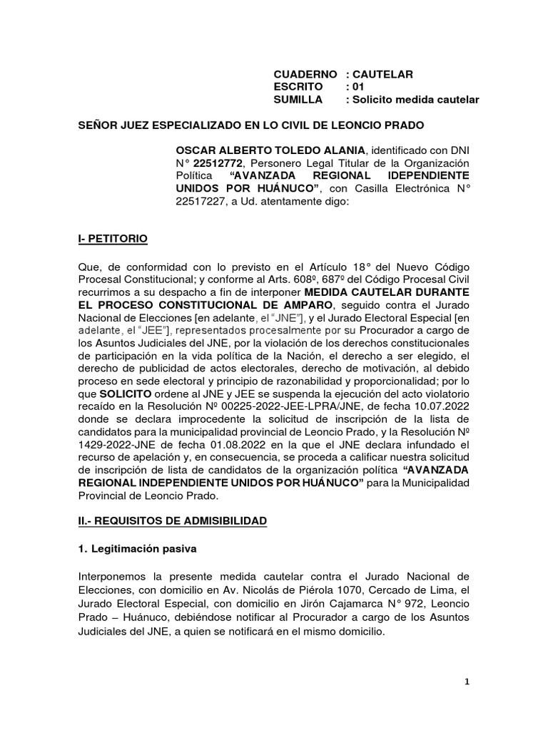 Modelo de Medida Cautelar PDF | PDF | Mandato | Debido al proceso