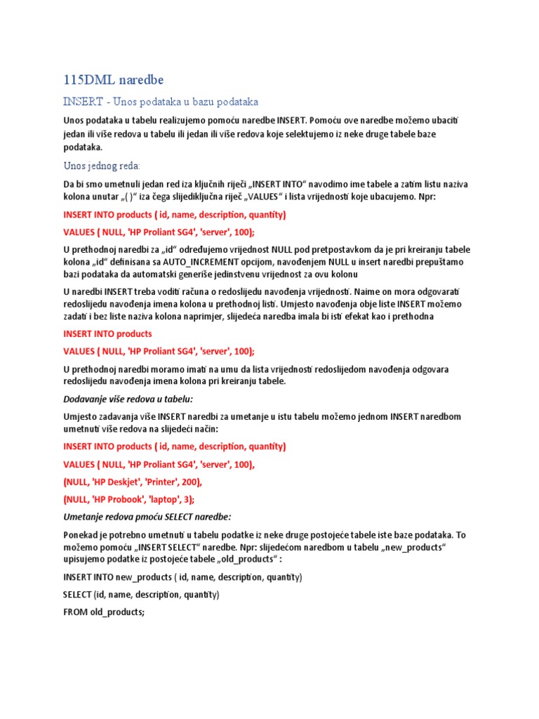115DML Naredbe: INSERT - Unos Podataka U Bazu Podataka | PDF
