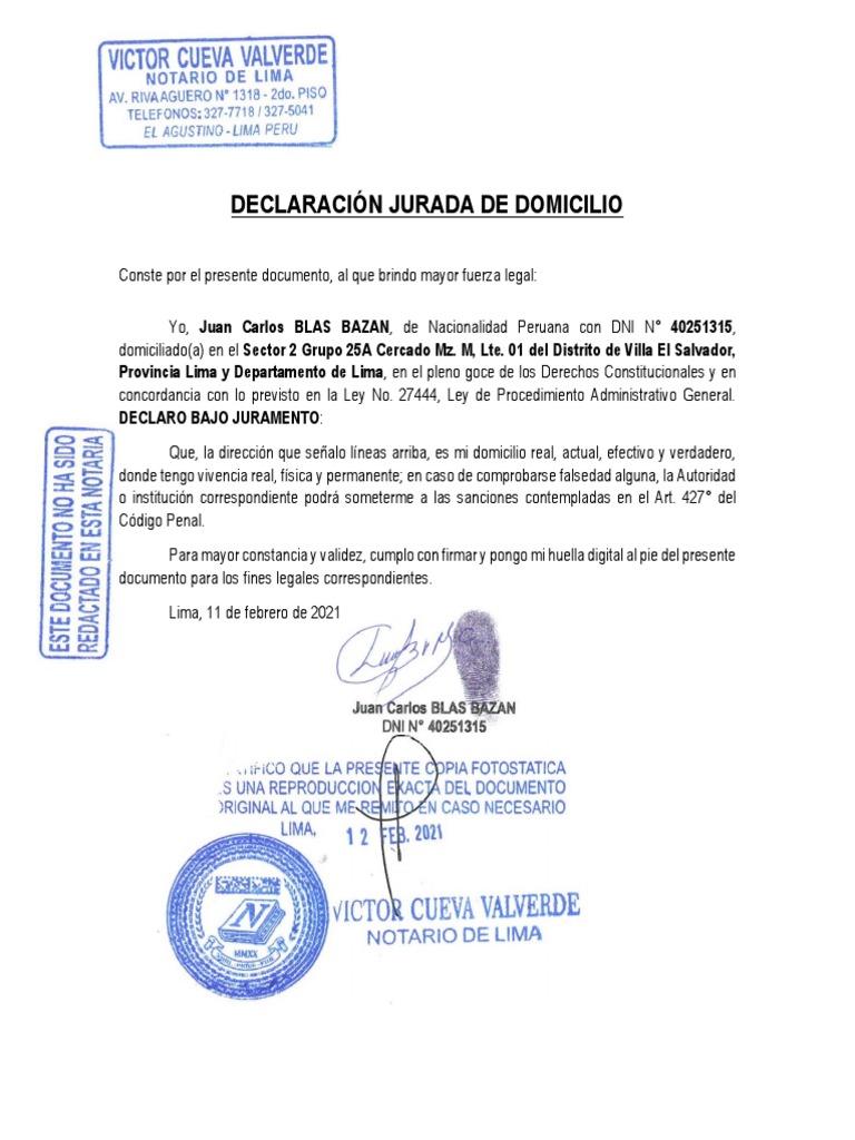 Declaración Jurada de Domicilio Legalizado | PDF