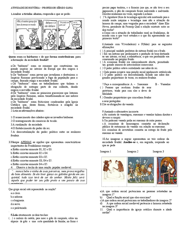 ATIVIDADE DE HISTÓRIA FEUDALISMO | PDF | Feudalismo | Idade Média