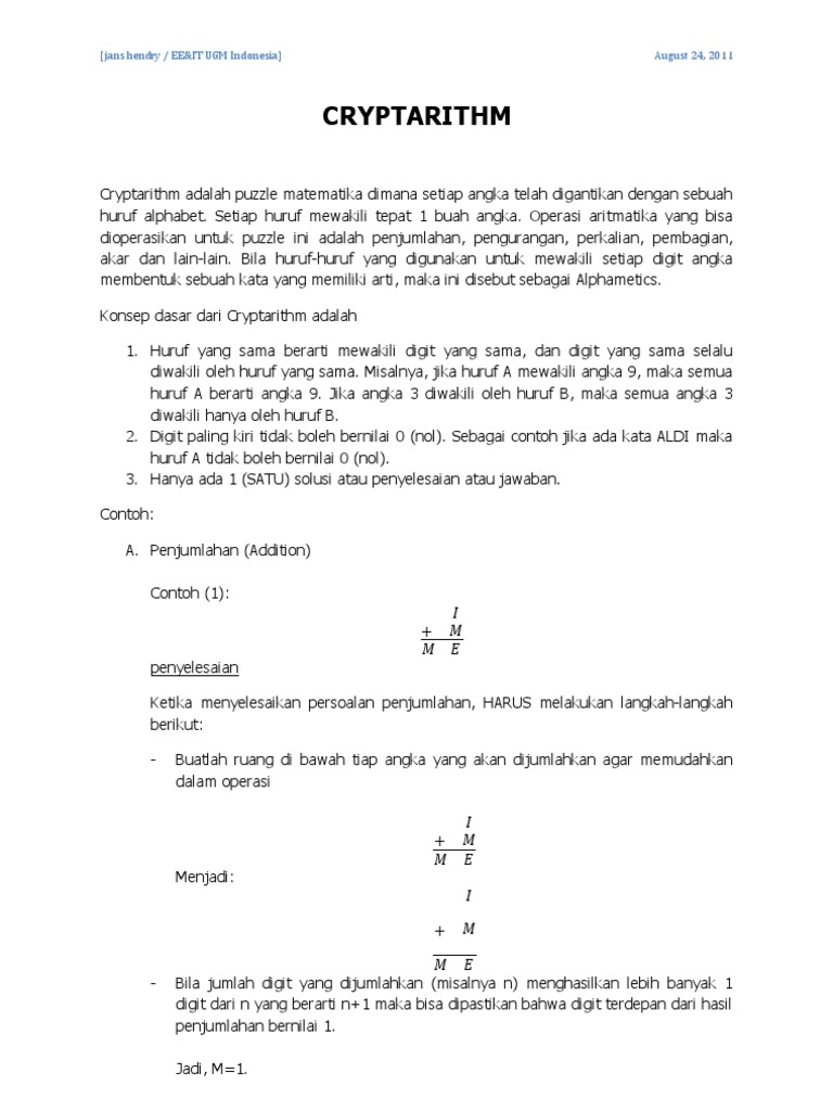 Project - CRYPTARITHM (Math Puzzle, Olympiad) | PDF