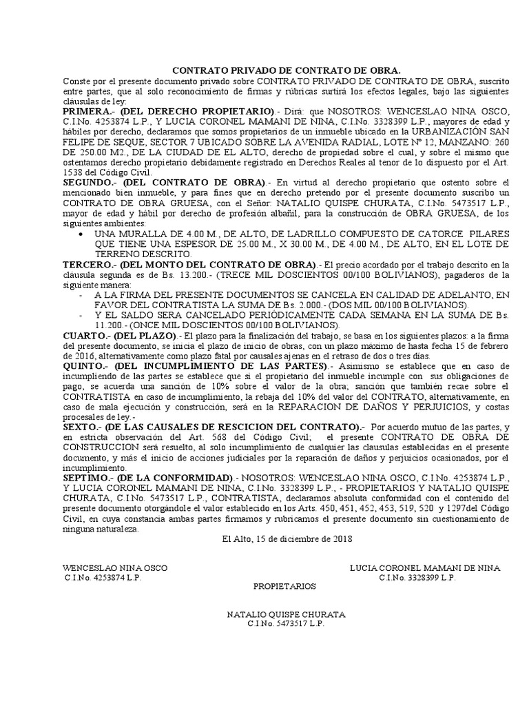 Modelo de Contrato de Obra en Bolivia | PDF | Documentos legales ...