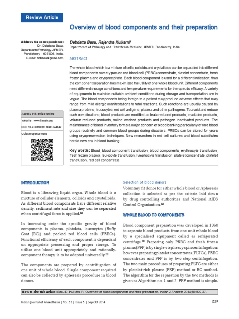 Overview of Separating Whole Blood into Components | PDF | Blood ...