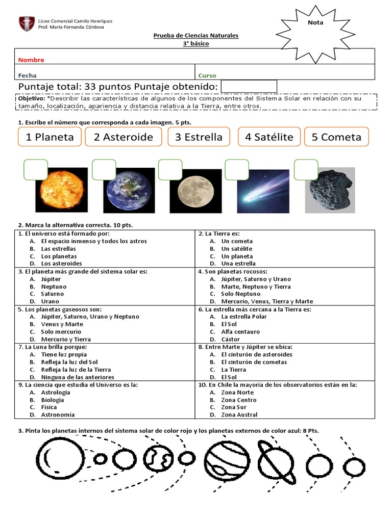 Prueba Sistema Solar 3º | PDF | Sistema solar | Planetas
