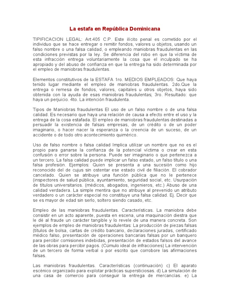 Estafa según el Art. 405 del CP Dominicano | PDF | Trucos de confianza ...
