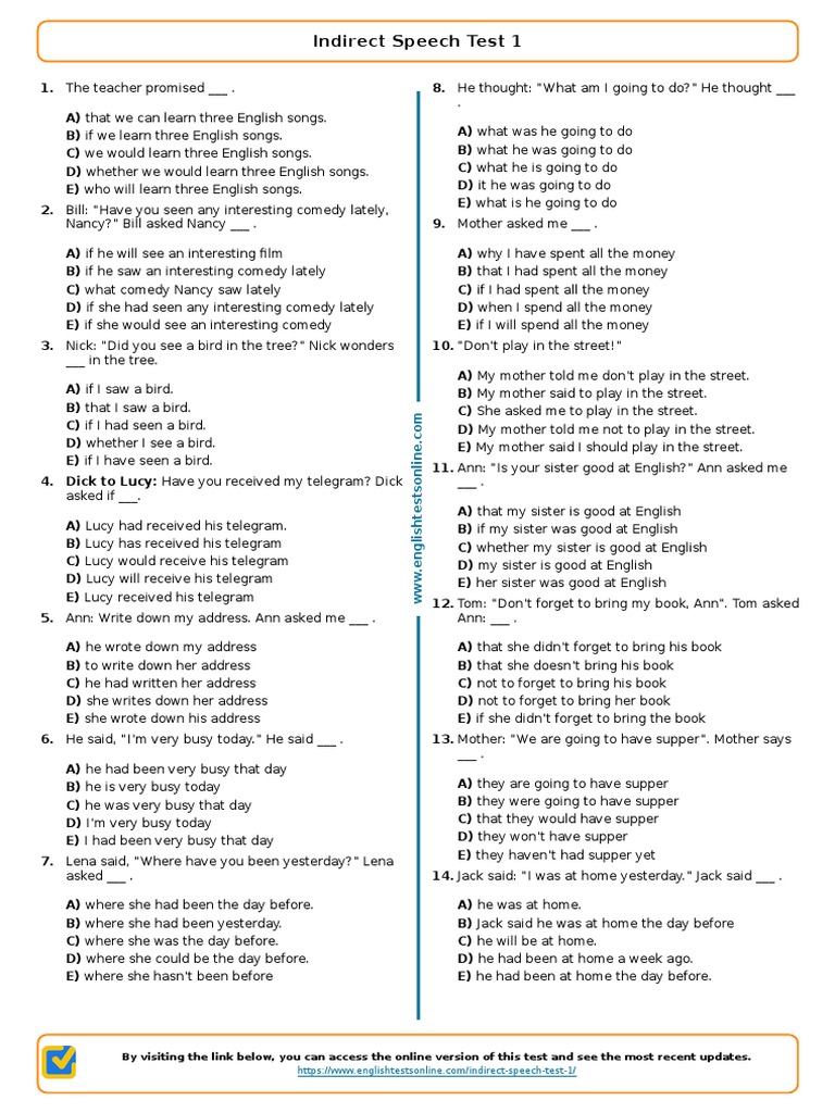 Indirect Speech Test | PDF