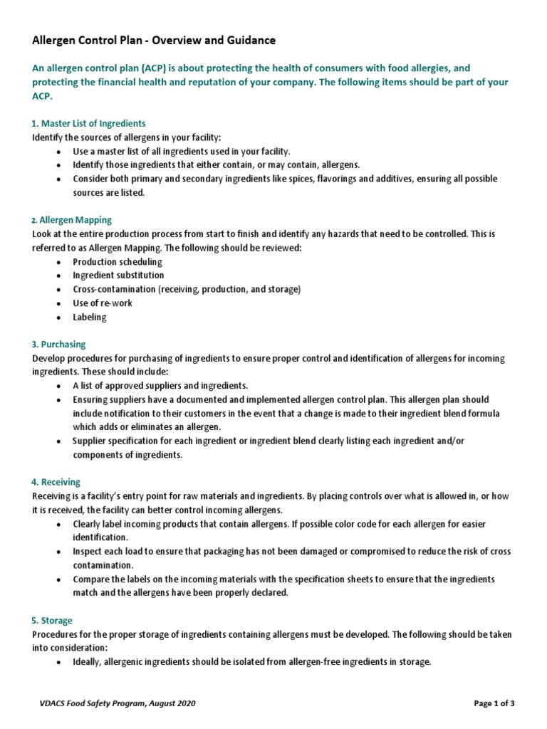 Allergen Control Plan Guidance PDF | Download Free PDF | Food Safety ... Allergen Control Plan Guidance PDF | Download Free PDF | Food Safety ...