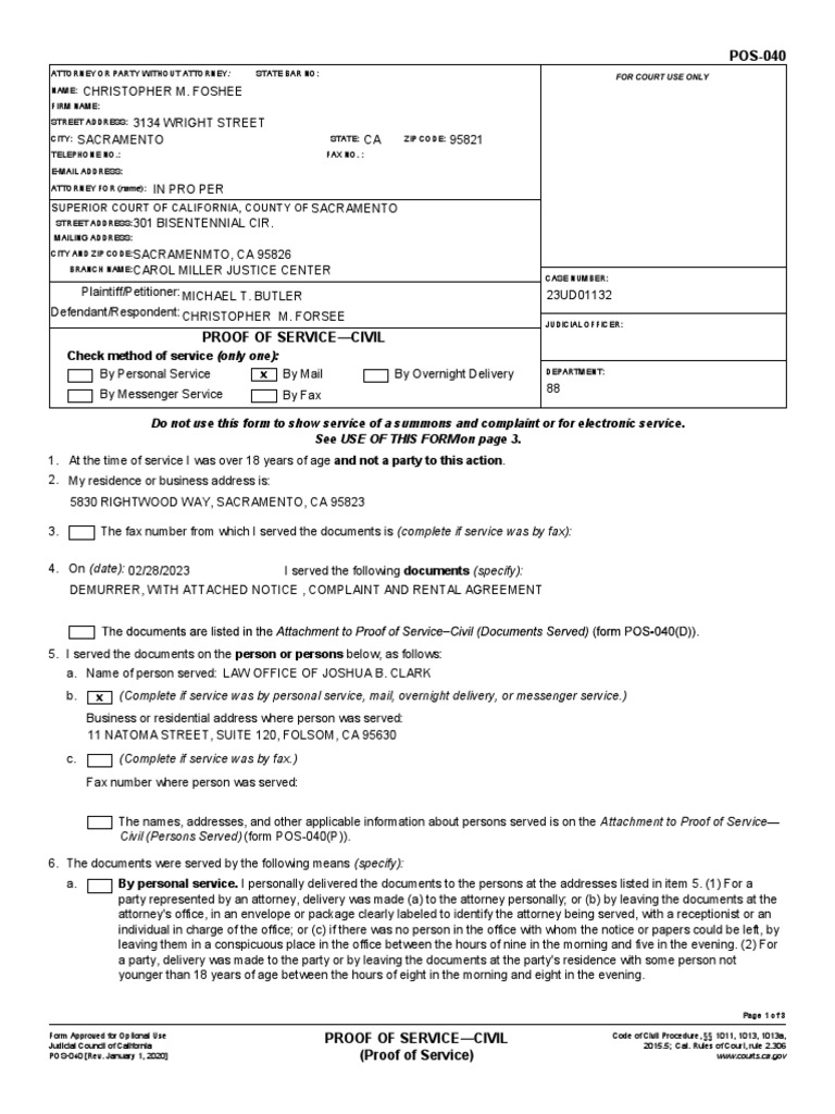 Civil Proof of Service Form POS-040 | PDF | United States Postal ...