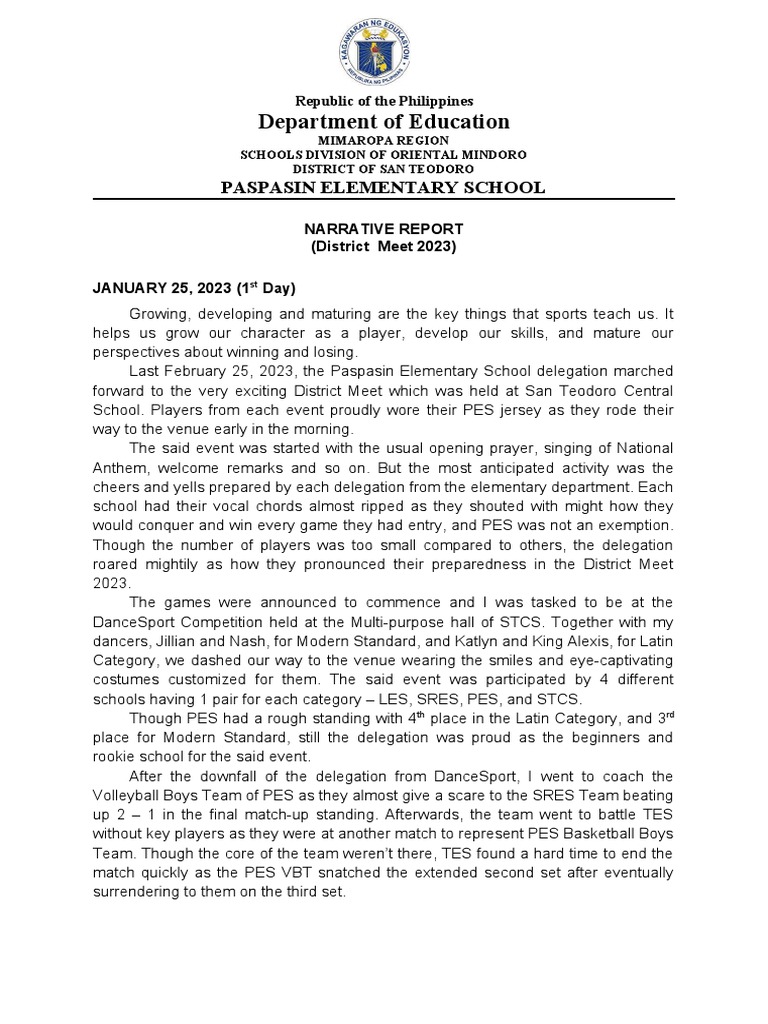 District Meet 2023 Narrative Report | PDF