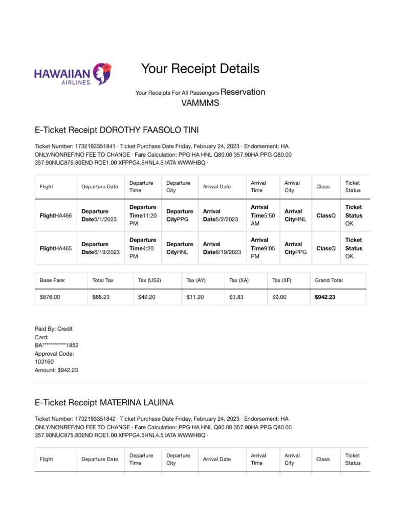 Combined Receipts Hawaiian Airlines 1 PDF | PDF | Public Transport ...