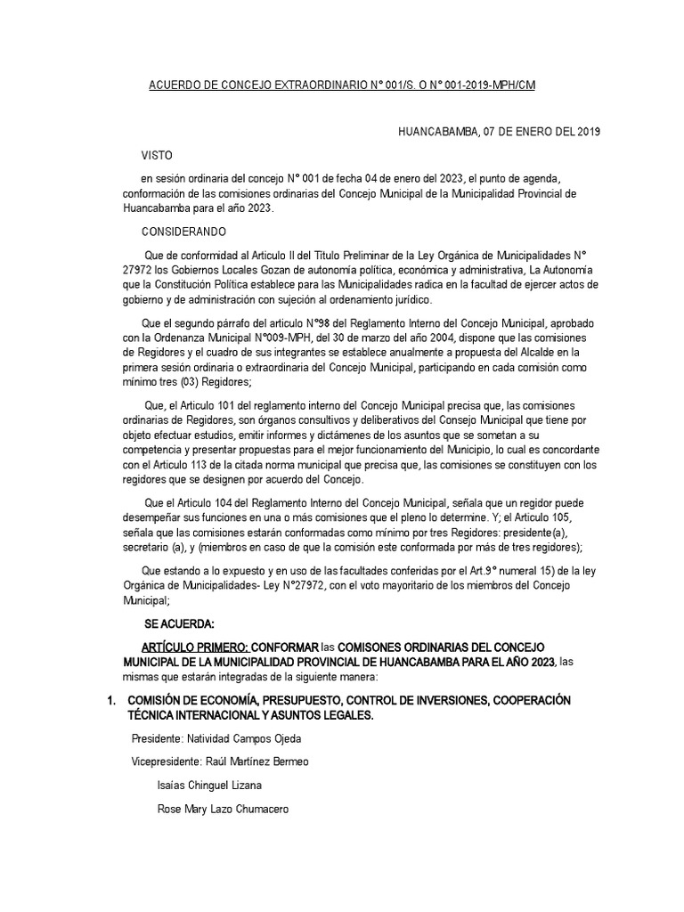 Acuerdo de Concejo Extraordinario N°001-2023 | PDF | Alcalde | Gobierno local