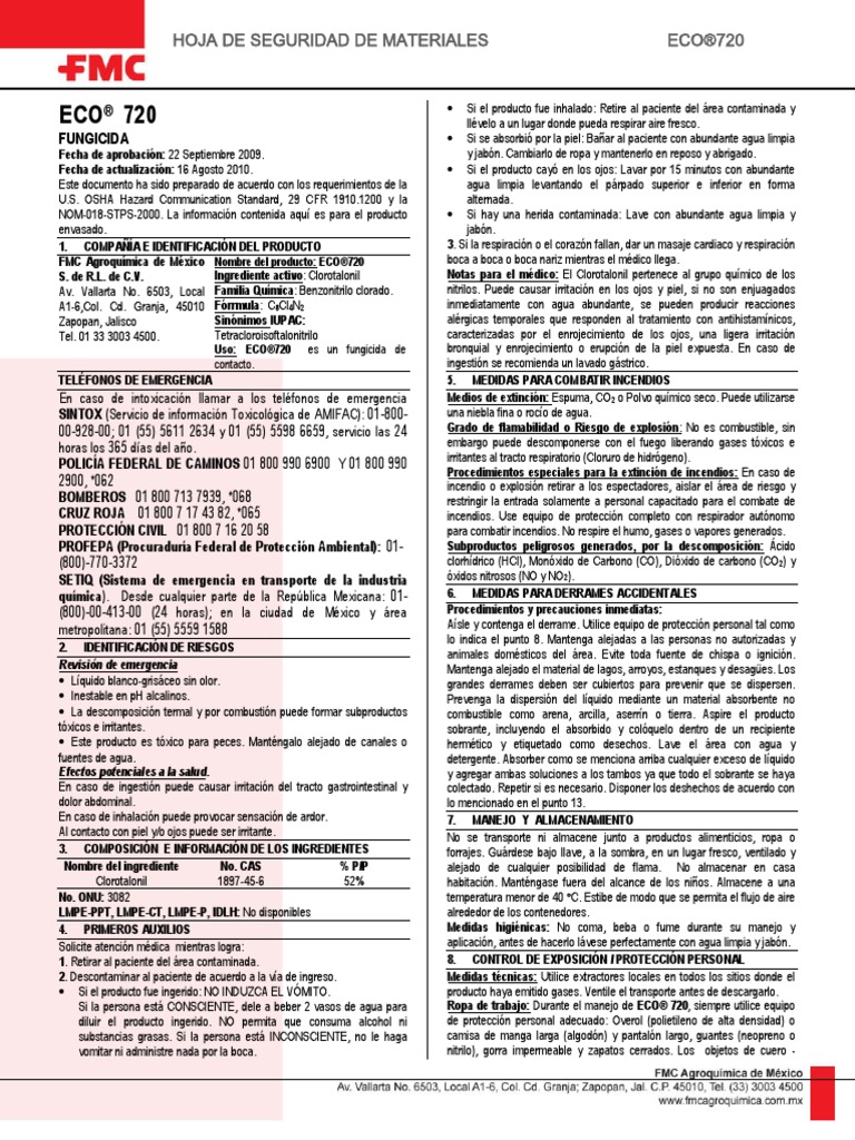 ECO 720 Hoja de Seguridad | PDF | Agua | Ácido clorhídrico