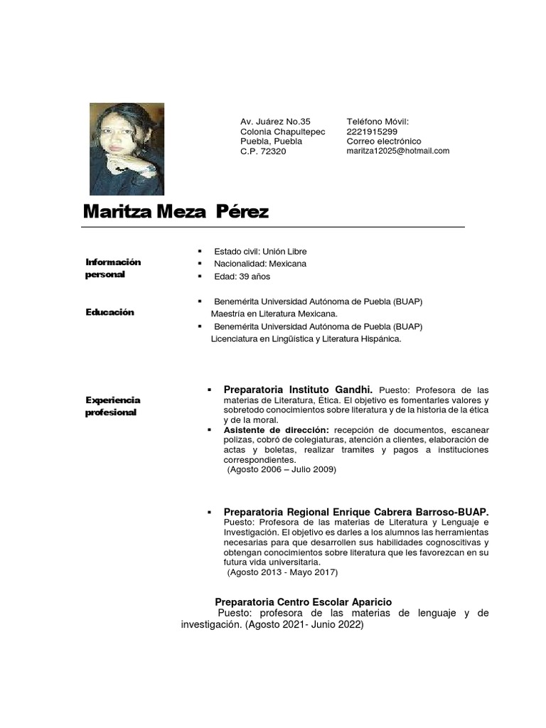 Currículum vitae de Maritza Meza Pérez, profesora de literatura y ...
