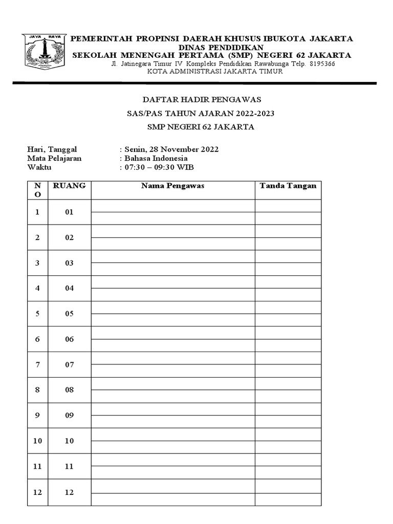 Daftar Hadir Pengawas Ruang | PDF