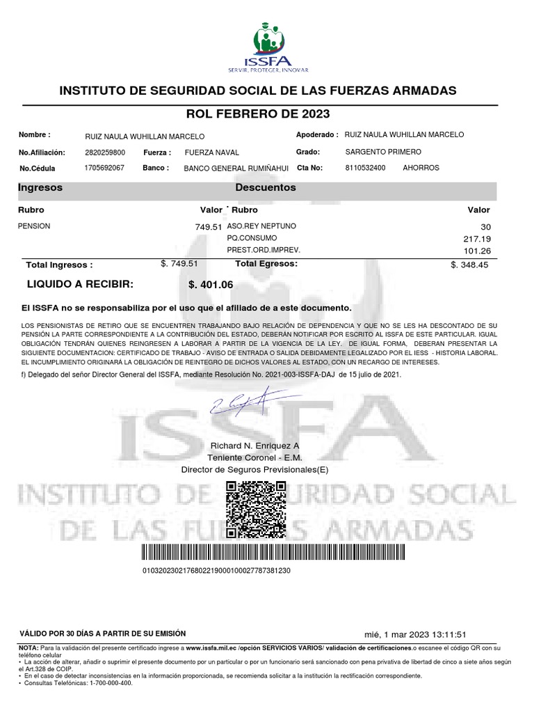 Certificado de Ingresos ISSFA Feb 2023 | PDF | Gobierno