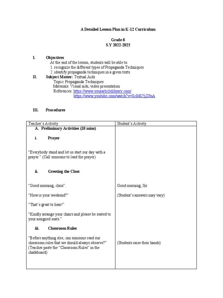 Detailed Lesson Plan (Propaganda Techniques) | PDF | Propaganda ...