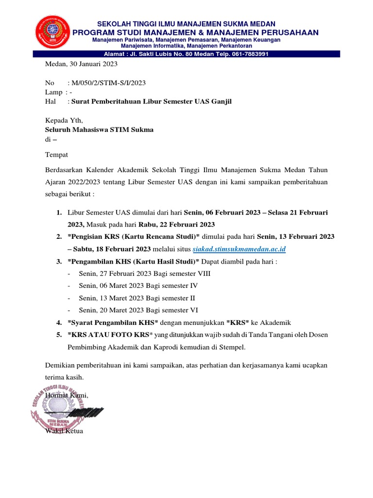 SURAT PEMBERITAHUAN LIBUR SEMESTER GANJIL 2022 - 2023 | PDF