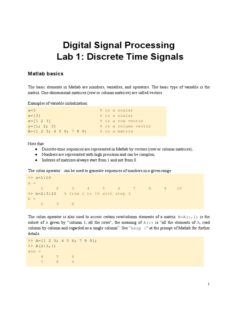 DSP Lab 1 PDF | PDF | Matrix (Mathematics) | Matlab