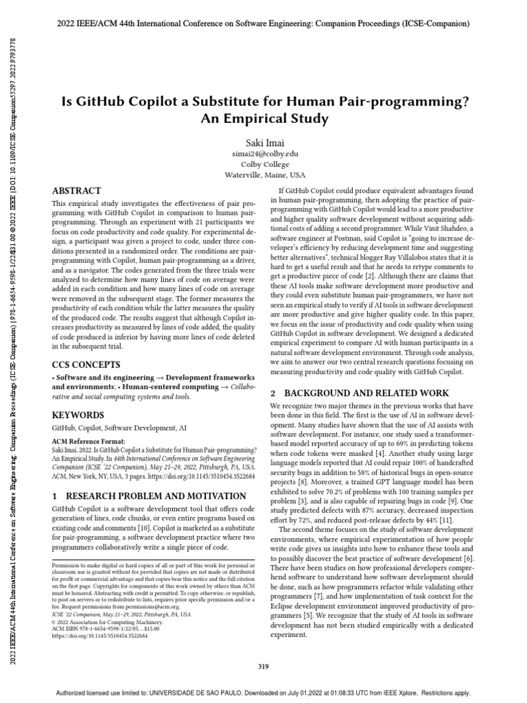 Saki Imai - Is GitHub Copilot A Substitute For Human Pair-Programming - An Empirical Study | PDF ...