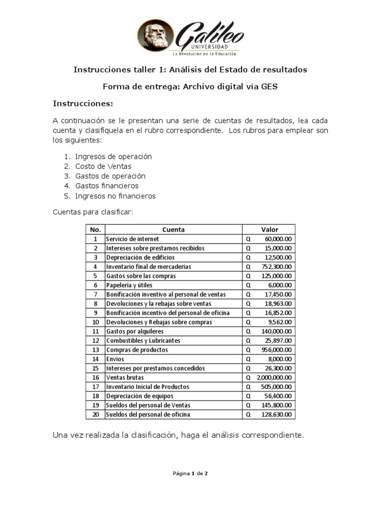 Instrucciones Taller 1 Interpretaci N de Estados Financieros PDF | PDF | Estado de resultados ...