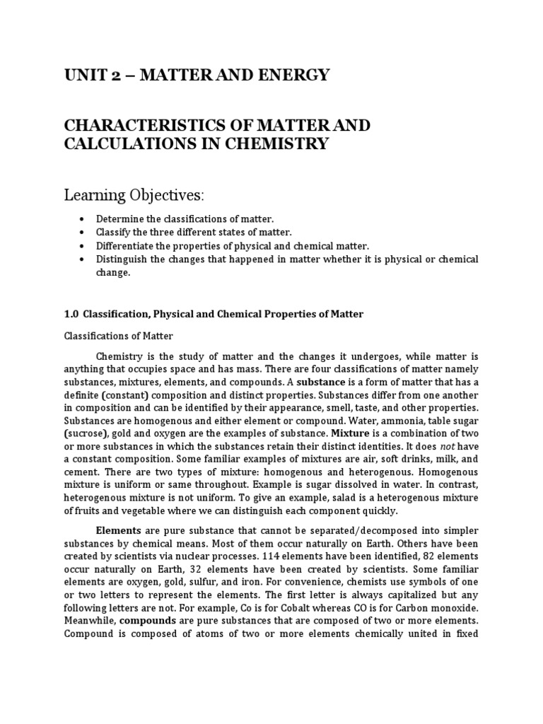 Unit 2 Matter and Energy | PDF | Chemical Substances | Mixture
