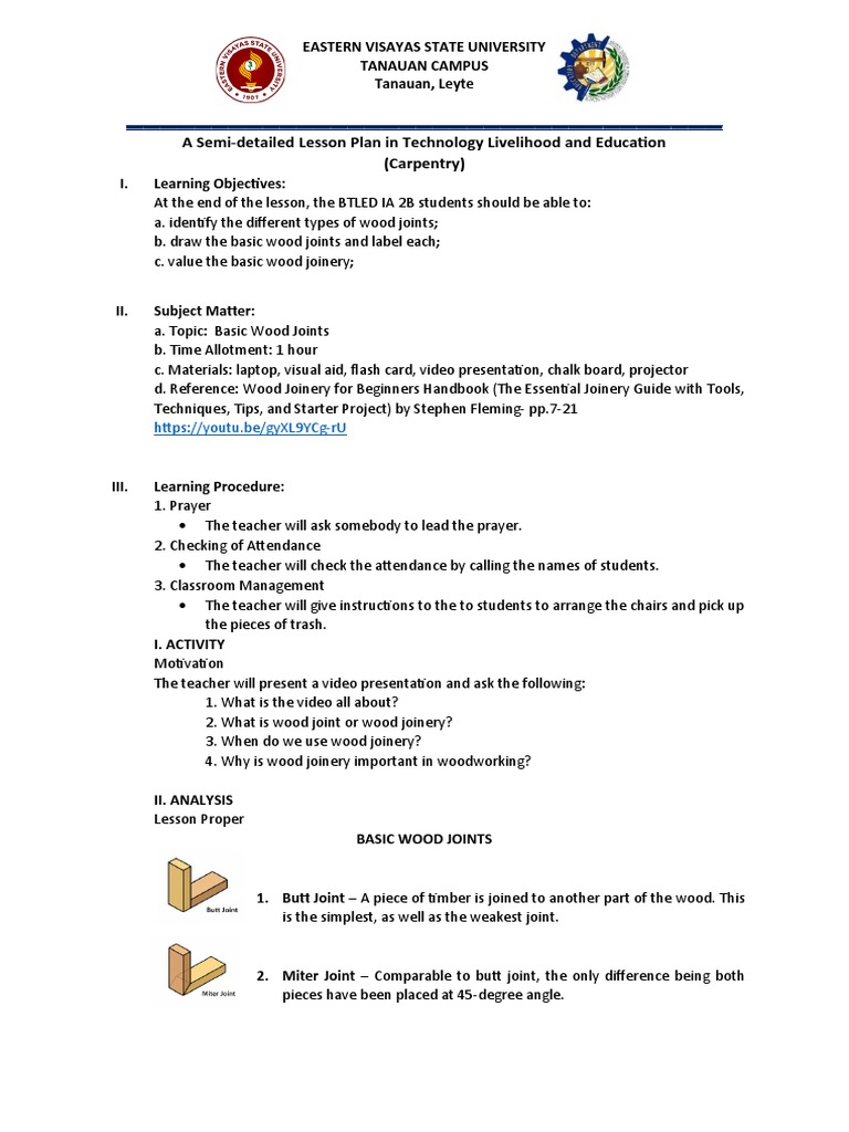Semi Detailed Lesson Plan in Technology Livelihood Education-Carpentry | PDF | Industrial ...