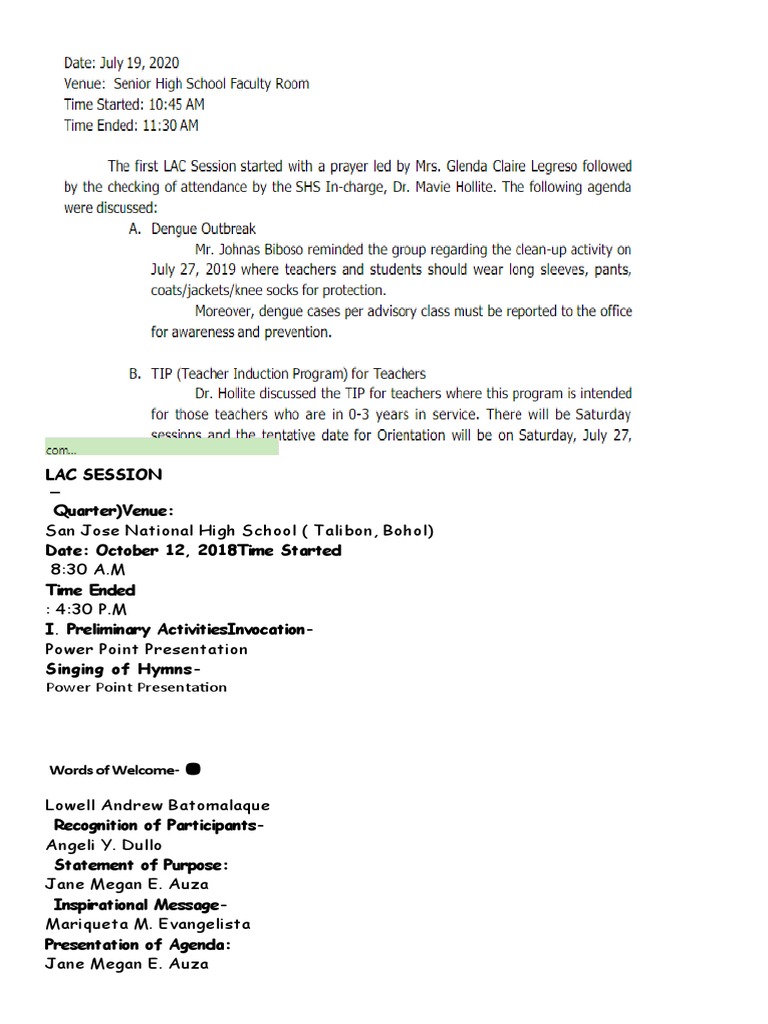 LAC SESSION Minutes Sample | PDF