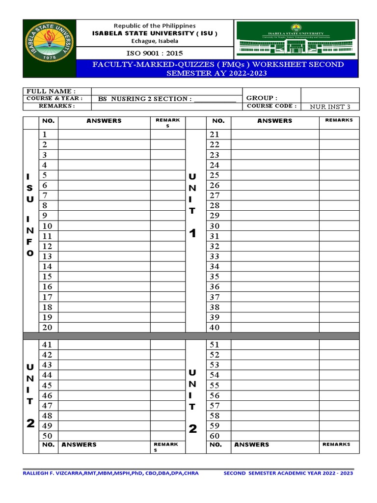 FMQs BSN NUR INST 3 WORKSHEET TEMPLATE 2023 | PDF