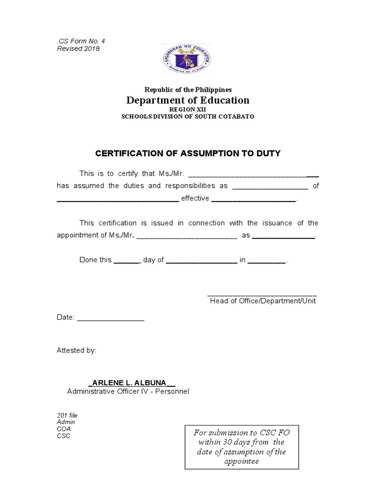 CS-Form-No.-4-Certification-of-Assumption-to-Duty-1-1 | PDF