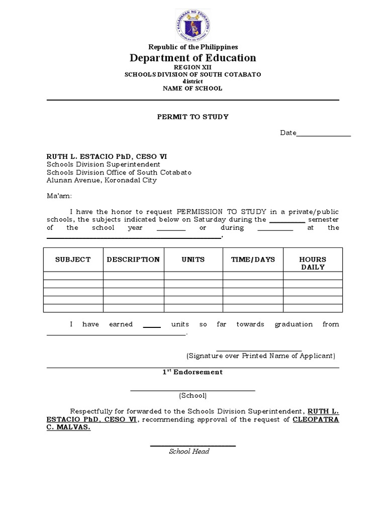 Sample Template Permit To Study | PDF | Government