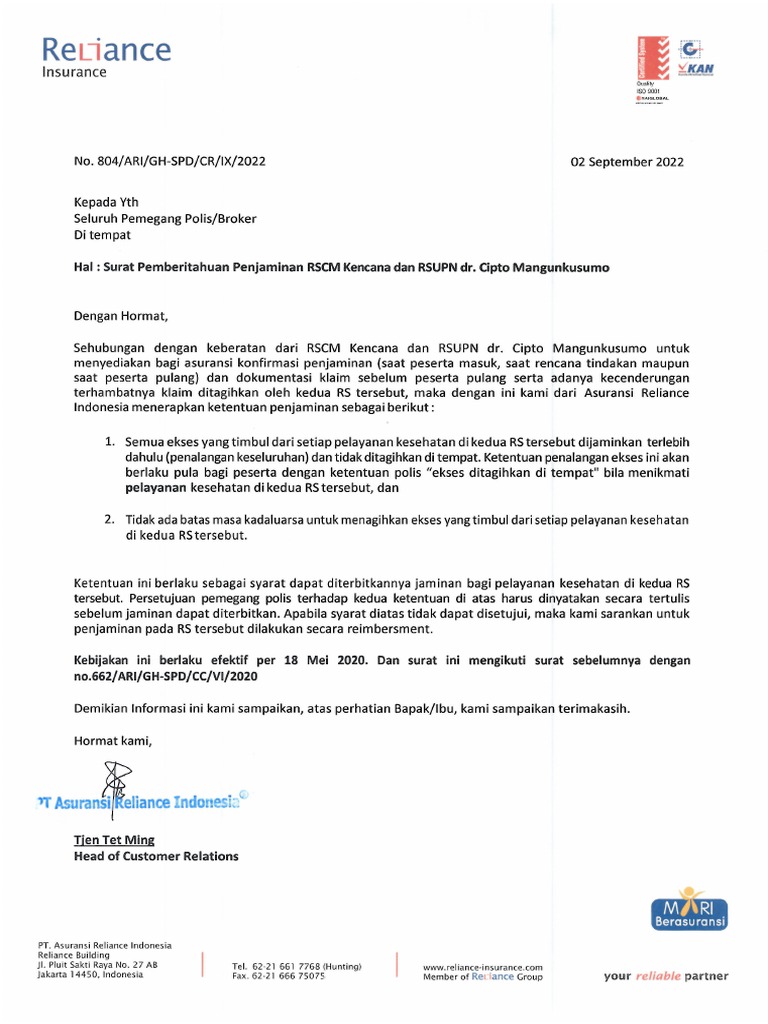 Surat Pemberitahuan Penjaminan RSCM Kencana Dan RSUPN Dr. Cipto ...