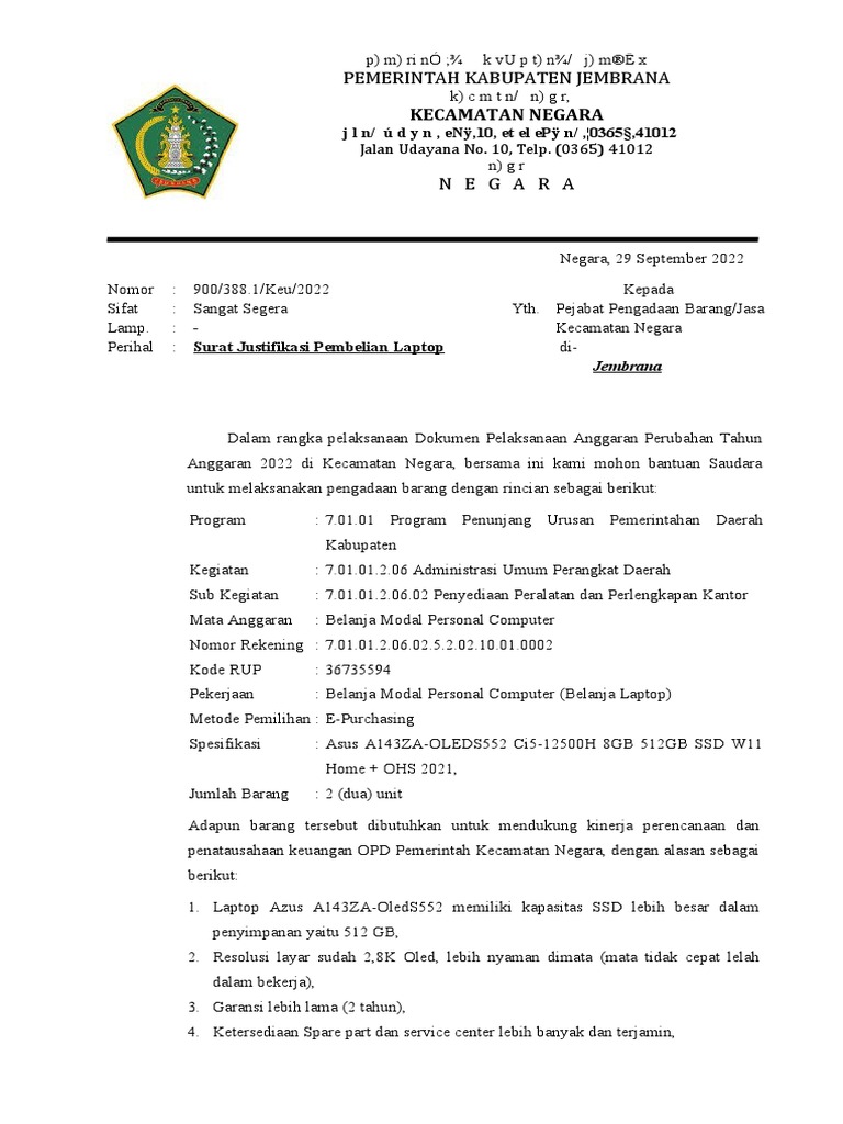 Surat Justifikasi Pengadaan Laptop | PDF