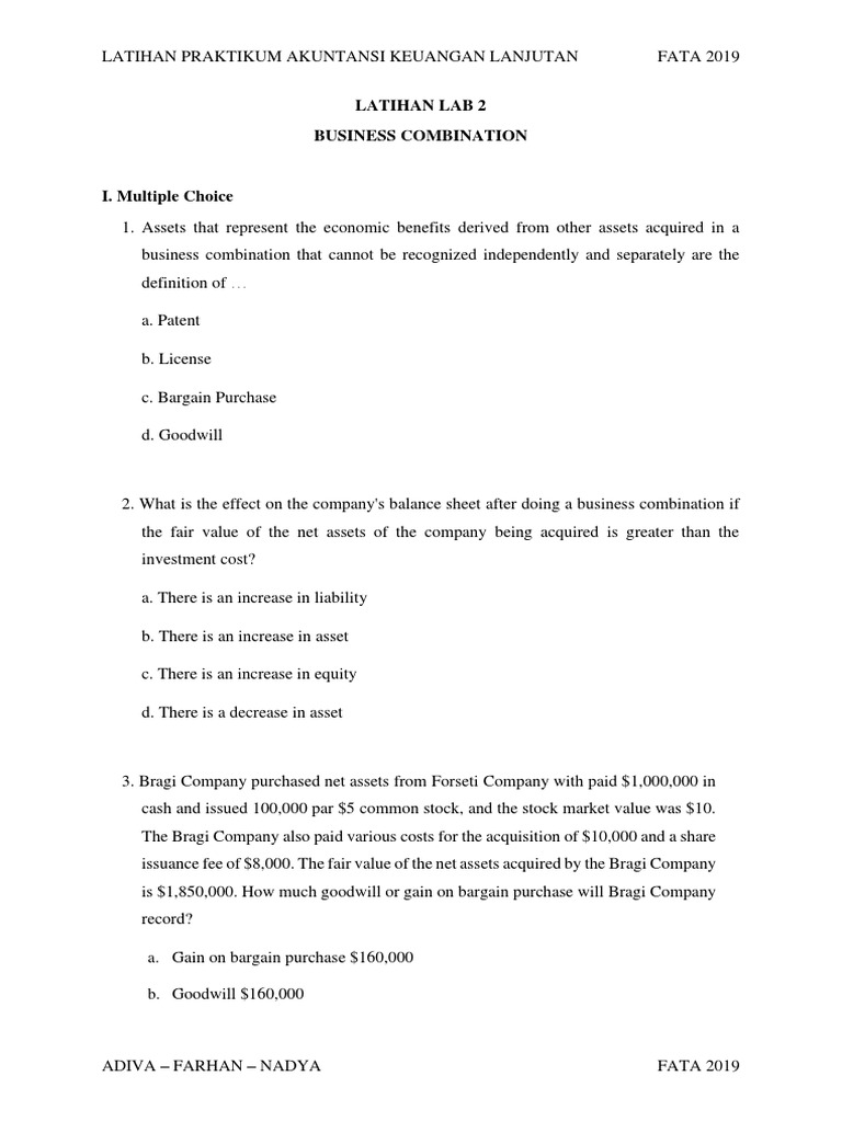 Soal Dan Jawaban Latihan Lab 2 - Business Combination | PDF | Book Value | Goodwill (Accounting)