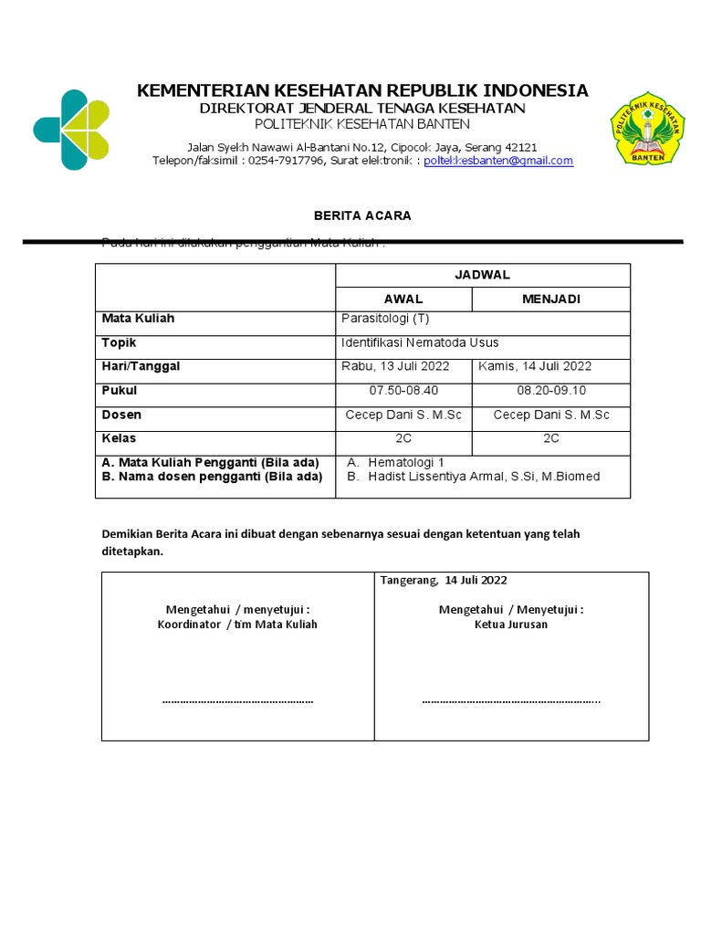 Berita Acara Pengganti Kuliah - MK XXXXXX | PDF