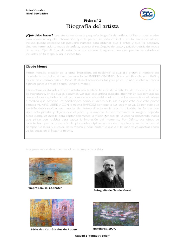 Ficha N° 2 Biografías e Imagenes Recortables | PDF | Pierre Auguste Renoir | Claude Monet