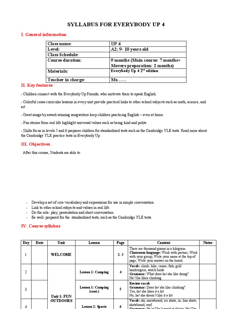 Syllabus For Everybody Up 4 | PDF