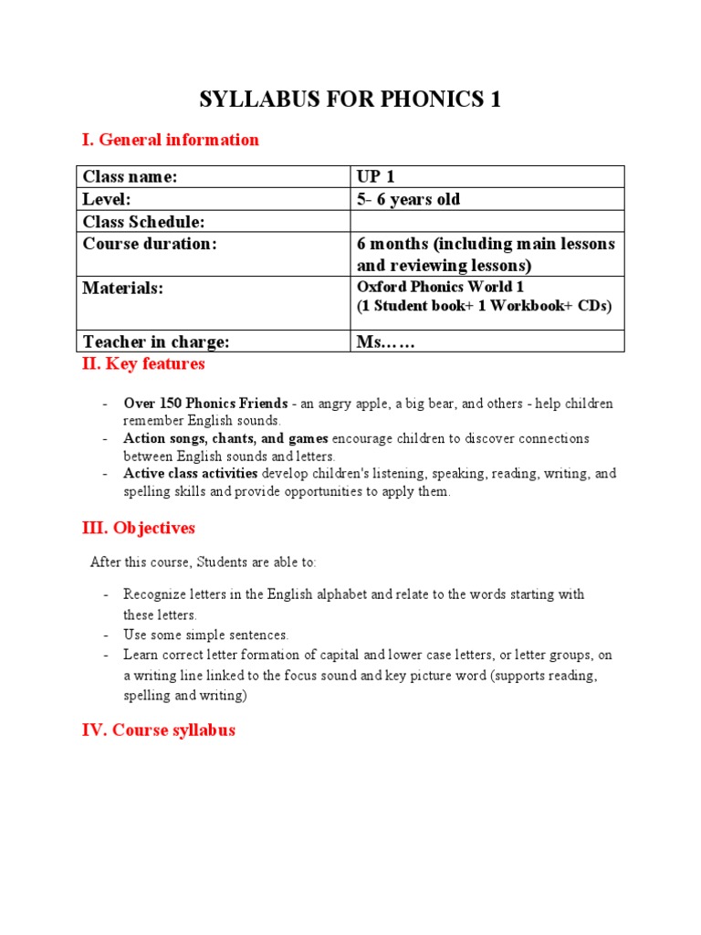 Syllabus For Phonics 1 | PDF | Phonics | Writing