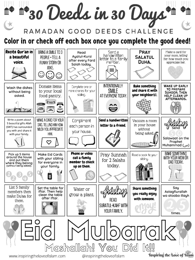 30 Deeds in 30 Days Ramadan Challenge BW | PDF