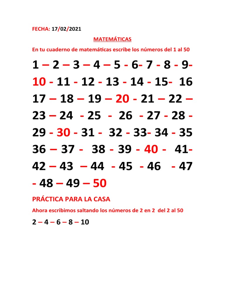 Numeros Del 1 Al 50 17 de Febrero | PDF | Métodos y materiales de enseñanza