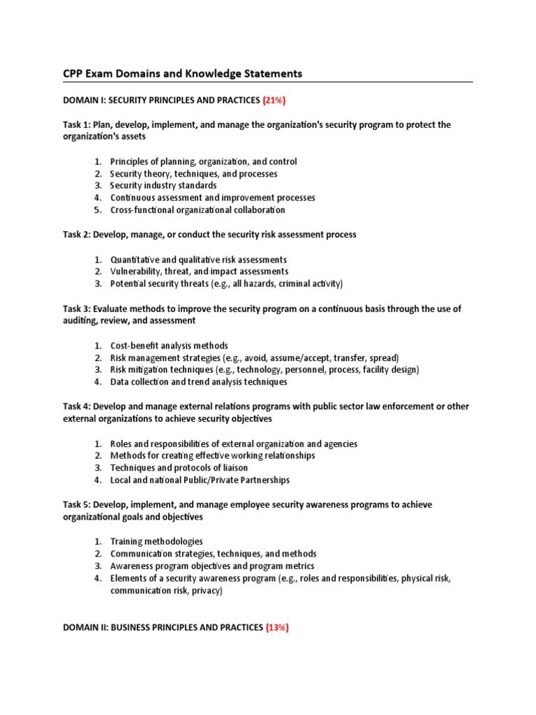 CPP Exam Domains and Knowledge Statements | PDF | Information Security | Risk