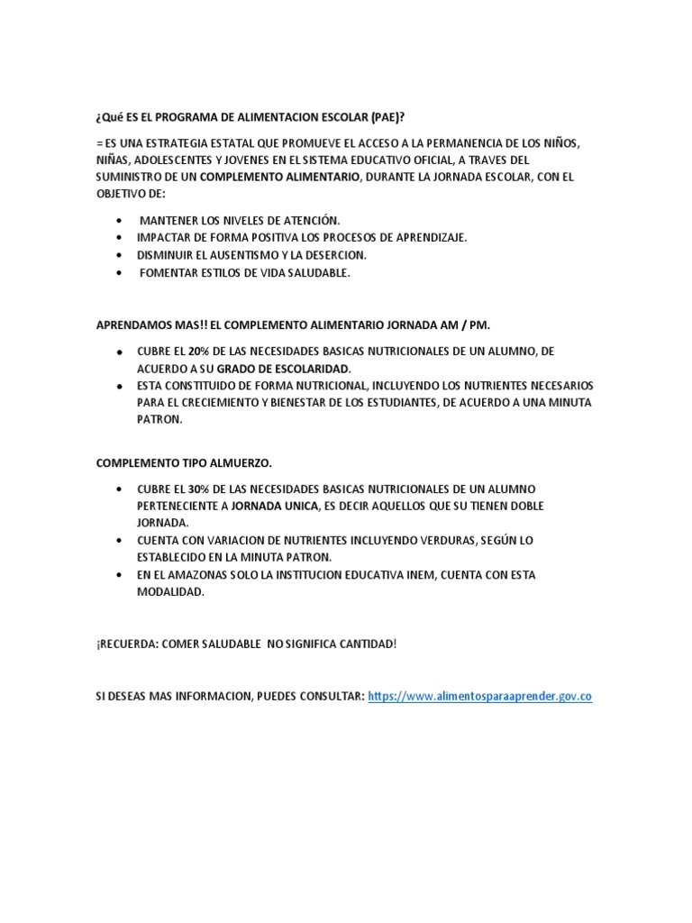 Programa de Alimentación Escolar PAE | PDF | Salud y bienestar