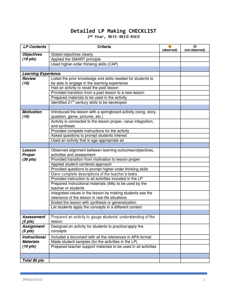 2023 - LP Checklist - TSC Ss PDF | PDF | Educational Assessment | Teachers
